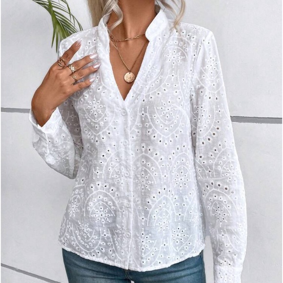 Tops | Boho White Sheer Eyelet Floral Lace Embroidery Top Blouse Shirt ...